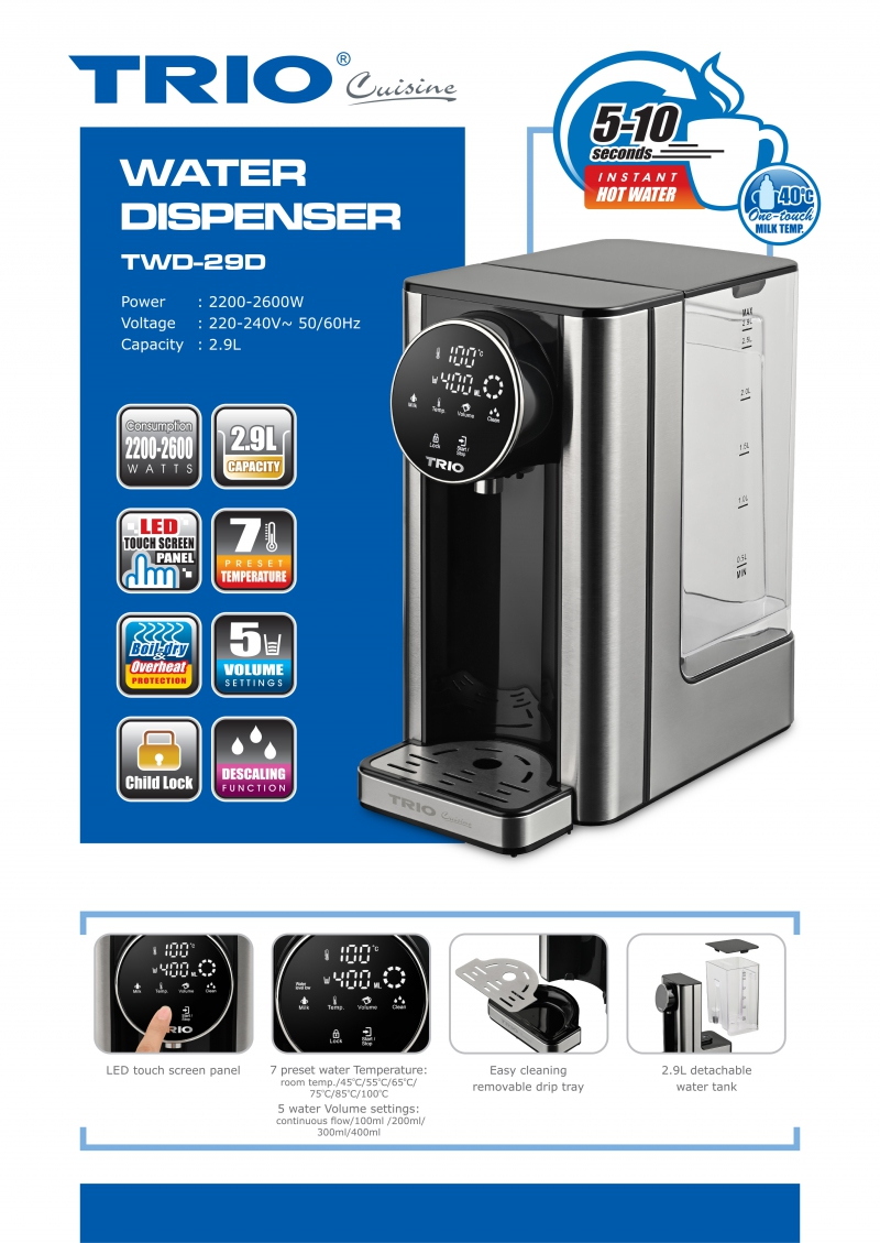 TRIO DIGITAL INSTANT HOT WATER DISPENSER / INSTANT WATER BOILER TWD-29D ...