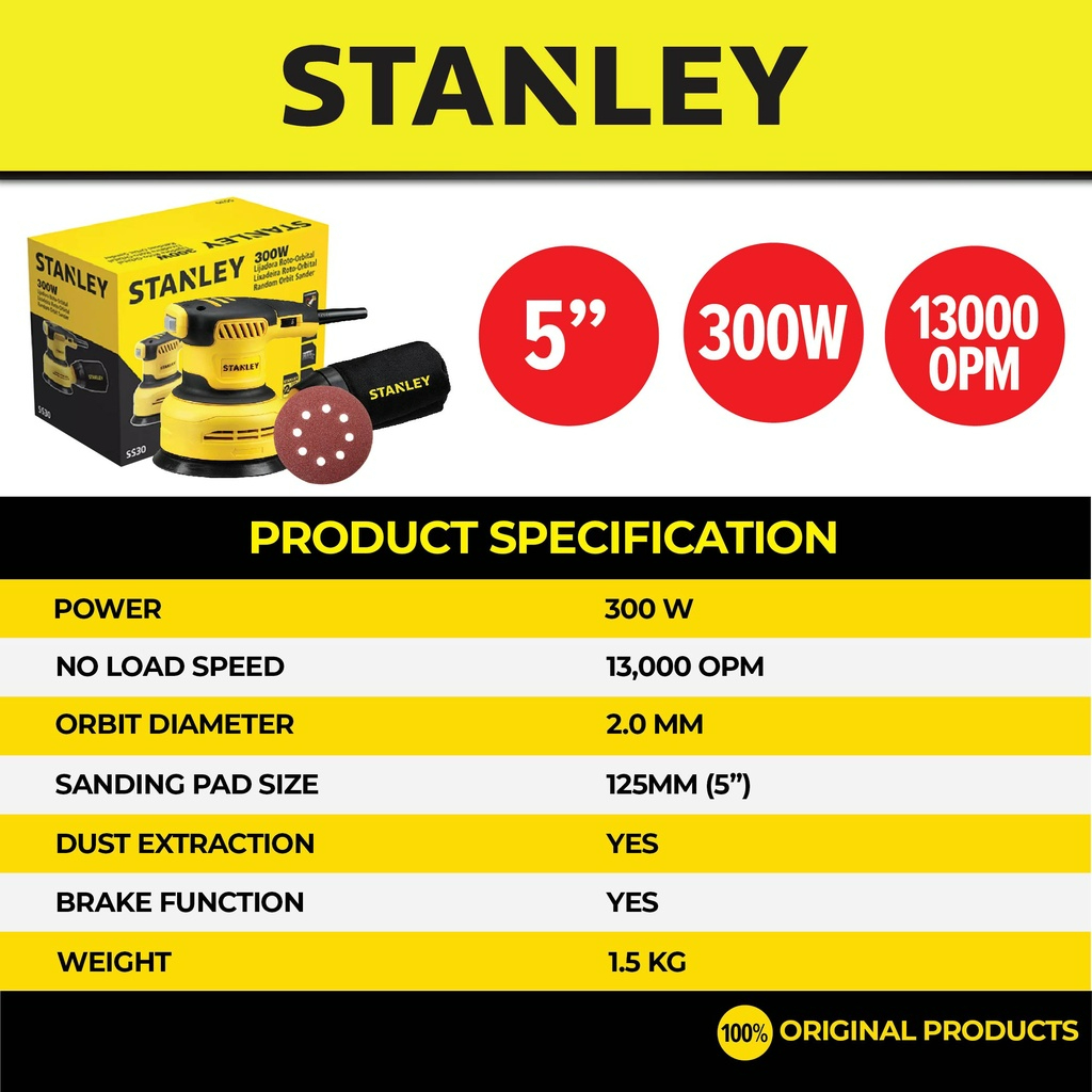 Stanley 5" Random Orbital Sander Machine 300W SS30 Polishing Sanding ...