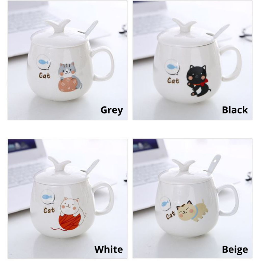 Ready Stock Cute Cat Ceramic Mug Cup With lid and Spoon Coffee Mugs Set ...
