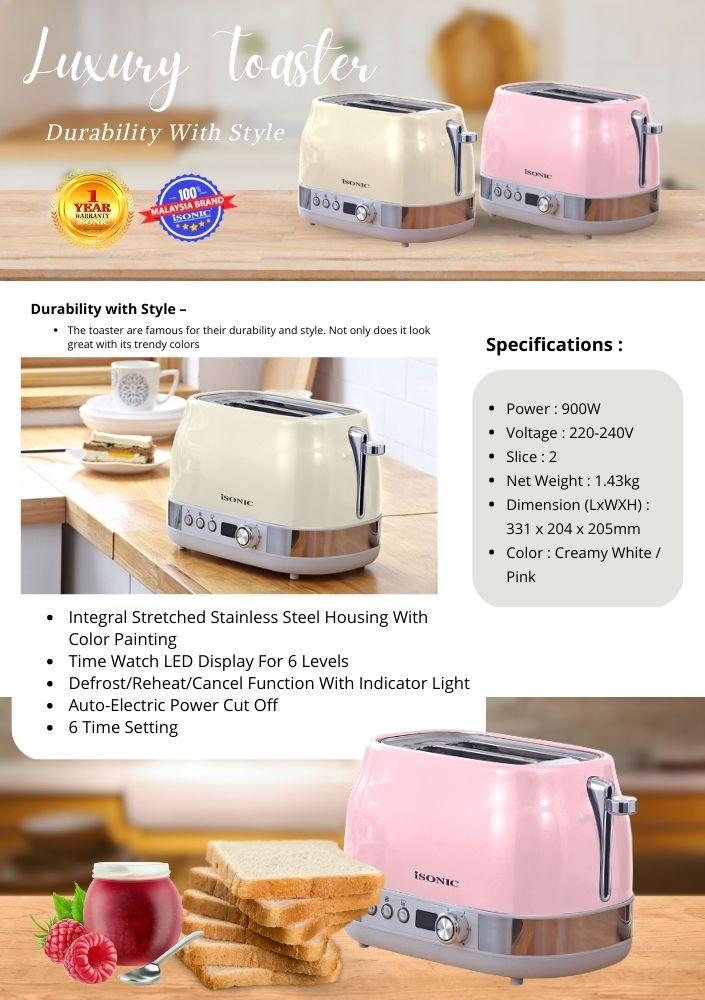 ISONIC LUXURY TOASTER 2 Slice Bread Toaster 6 Level Removeable Crumb ...