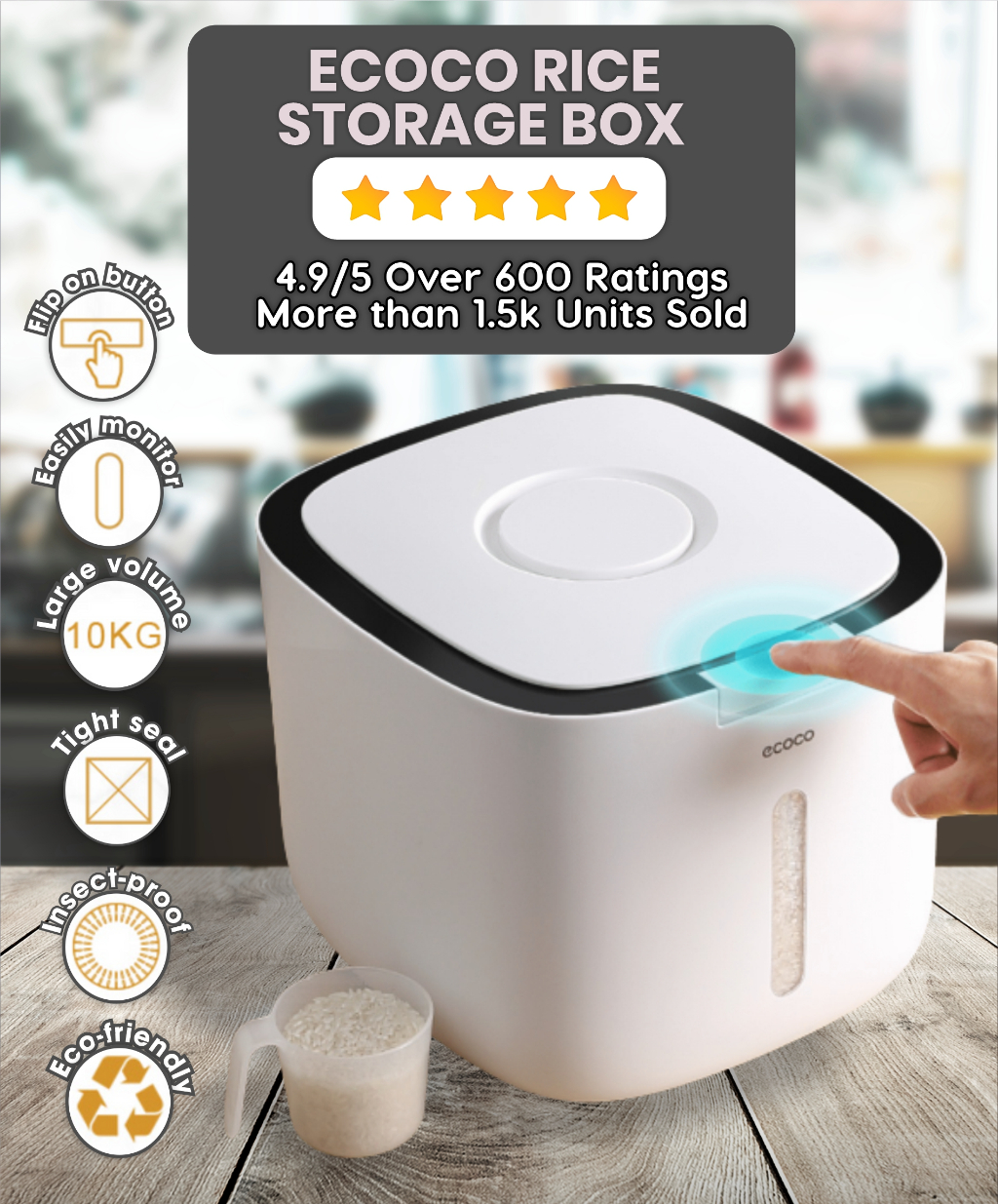 ECOCO Rice Storage Box Bekas Beras 10kg Bekas Simpan Beras 10kg Tempat ...