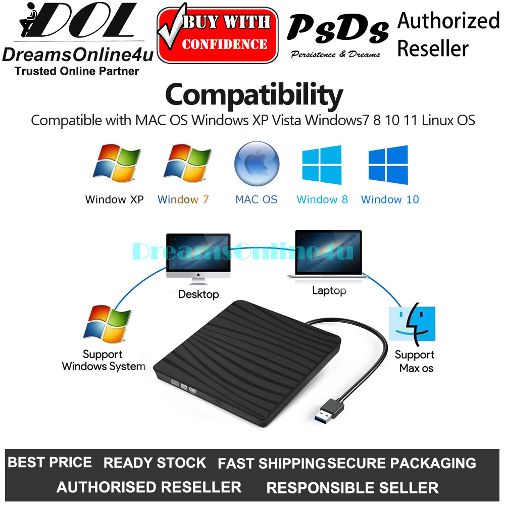 PsDs Portable External CD DVD RW Rewritable Burner Audio CD Player USB ...