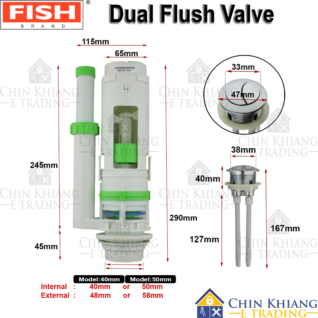 Fish Brand CJOV3007 CJOV3009 Push Button Single or Dual Flush Valve ...