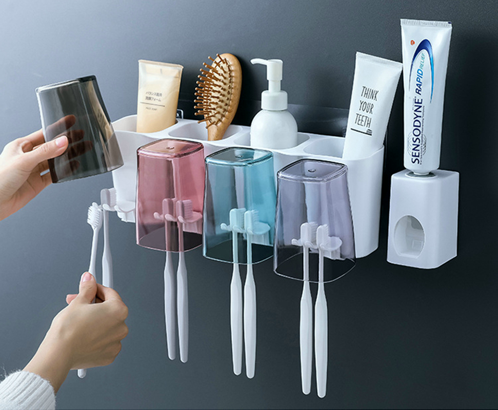 Toothbrush Holder Toothpaste Squeezer Shaver Dispenser Wall Mount Cup ...