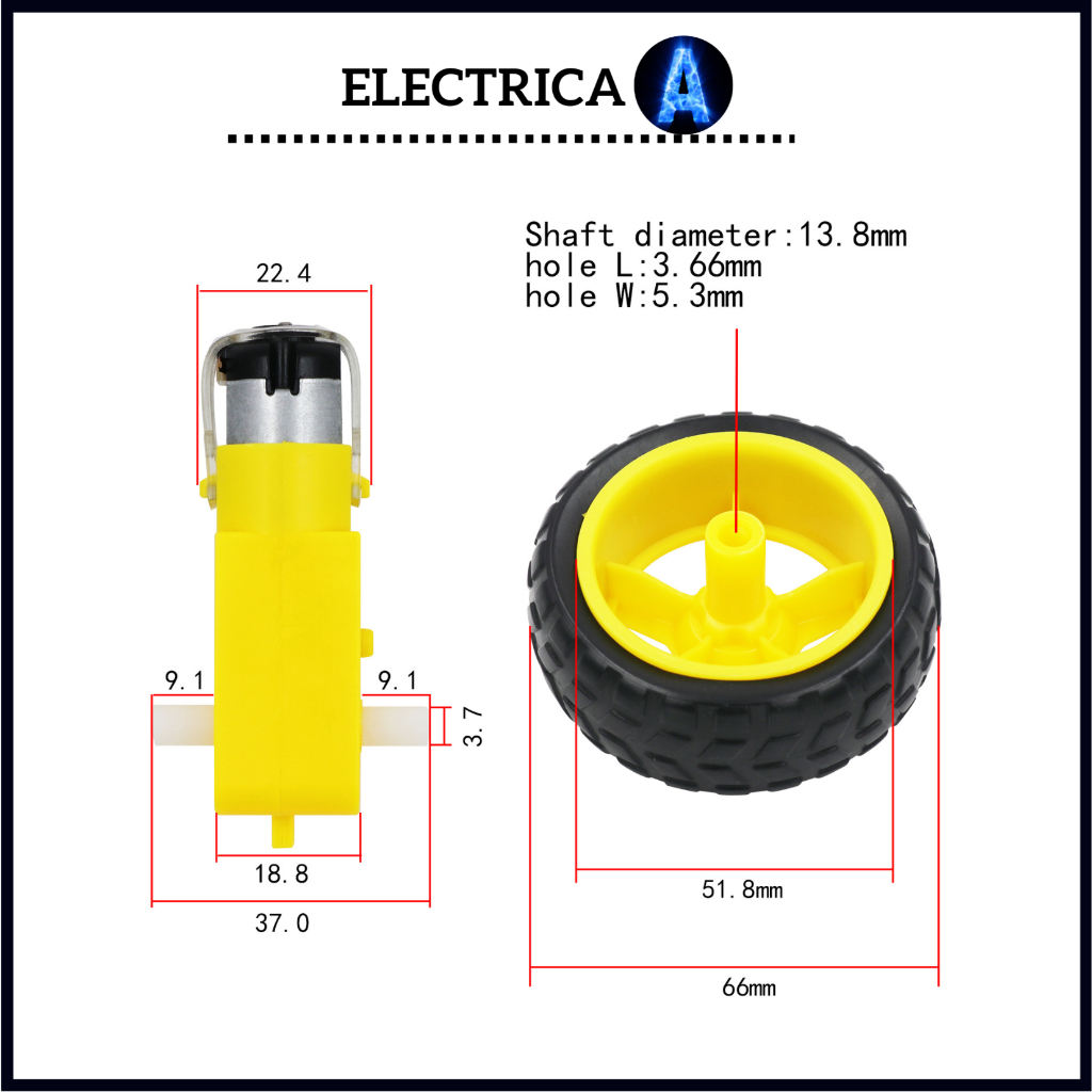 DC Geared Motor / 65MM Wheel, Moto TT 130 Dual Shaft w/ Yellow Gear Box ...