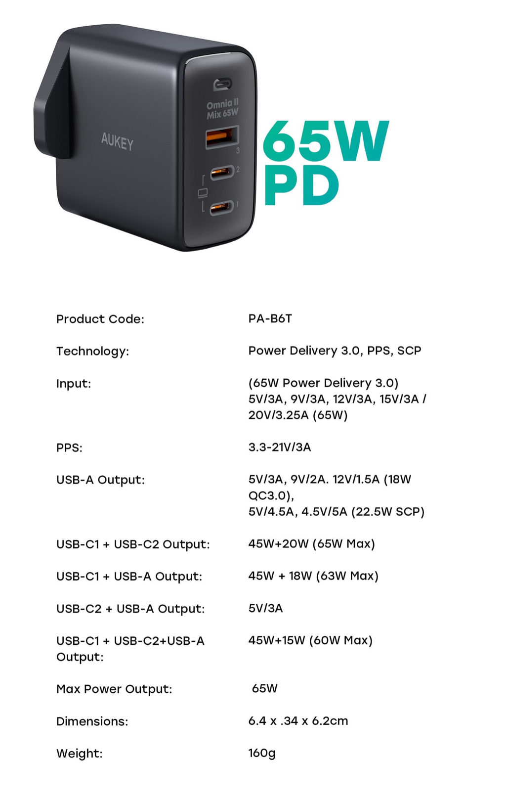 Aukey PA-B7O Omnia II Mix 140W PD 3.1 3 Port GaN Travel Charger with Interchangeable EU US UK ...