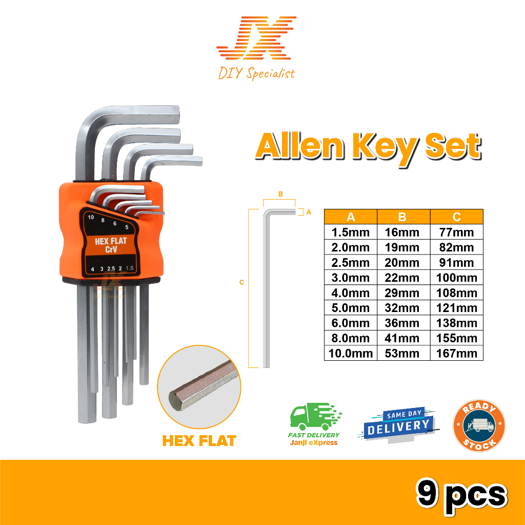 9pcs Ball Point Hex Allen Key Set Wrench Tools Set Matte Chrome CRV Hex ...