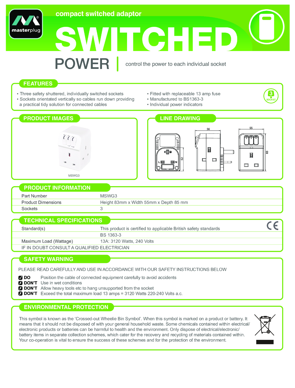MASTERPLUG MSWG3 Switched Adaptor with 3 Sockets, 13Amp, Safety ...