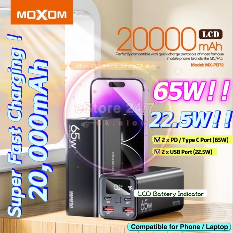 Moxom MX PB72 PD 65W 20000mAh LCD Powerbank QC SCP 22.5W LCD Display ...