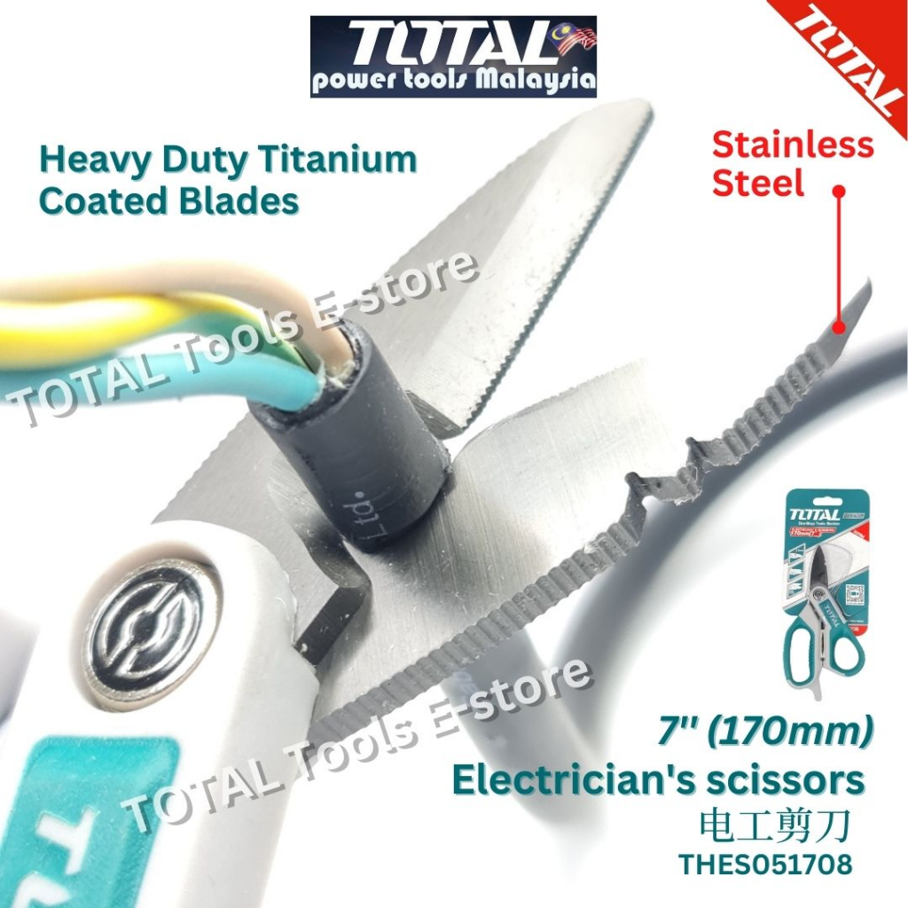 TOTAL Electrician's scissors 7'' [ Stainless Steel Heavy Duty Titanium ...