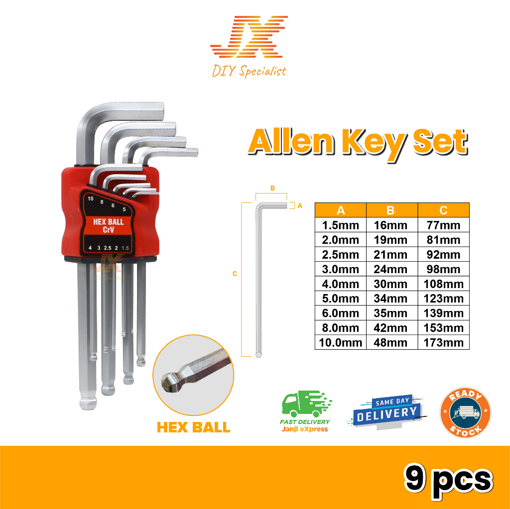 9pcs Ball Point Hex Allen Key Set Wrench Tools Set Matte Chrome CRV Hex ...