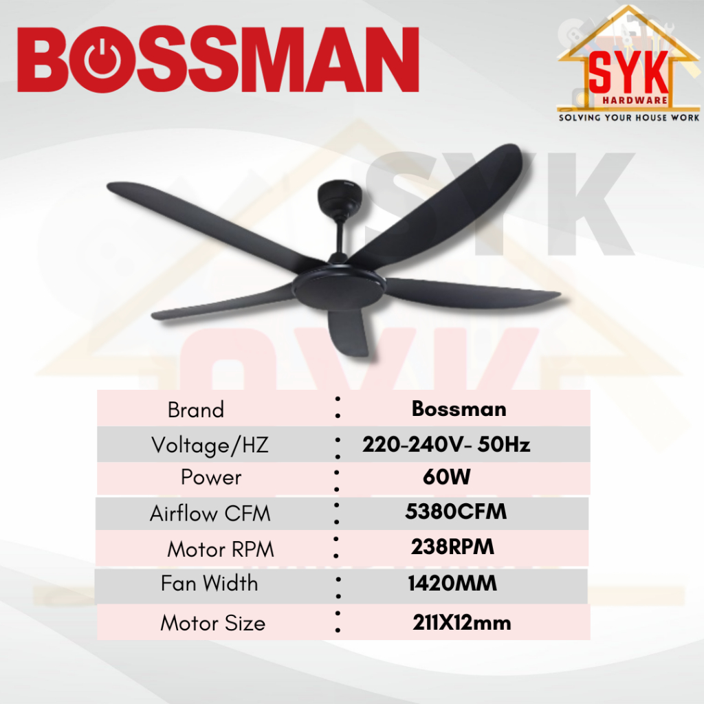 SYK Bossman BDC56B 56 Inch Ceiling Fan Black DC Motor 5 Blade Ceiling ...
