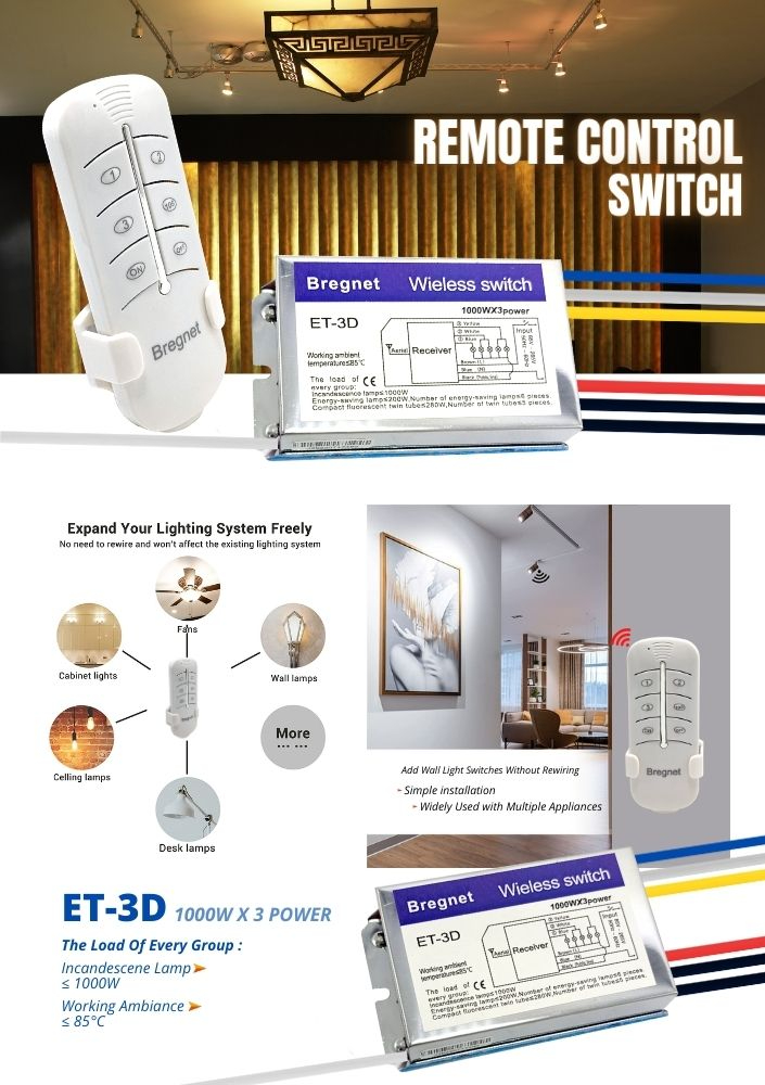 BREGNET 3 Way Lighting Remote Control Switch Wireless Receiver Lamp ...