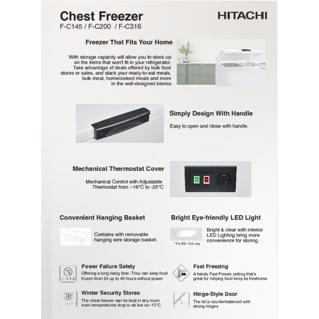 Hitachi F-C200AM1 200L Gross Condenser Recessed Handle Led Light Chest ...