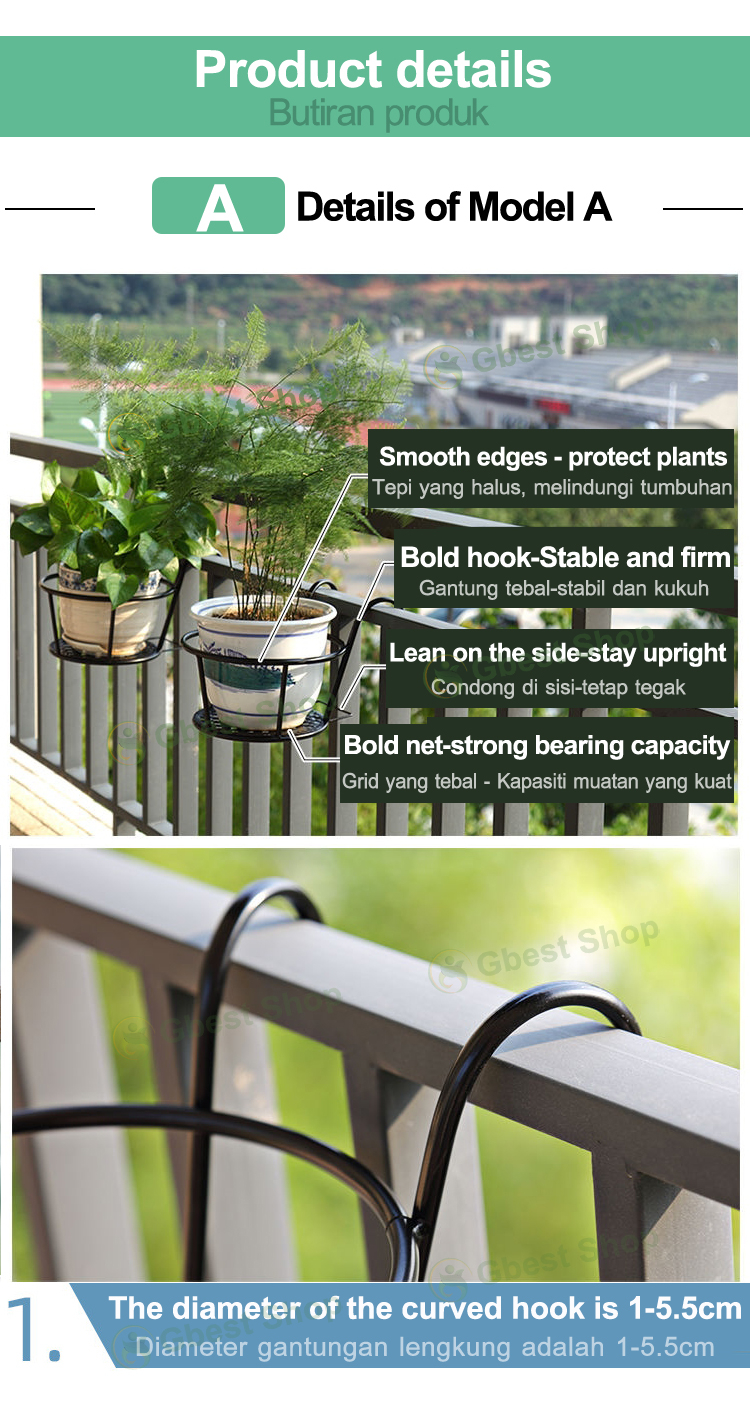 Outdoor Balcony Iron Flower Pot Rack Wall Hanging Planter Stand Plant ...