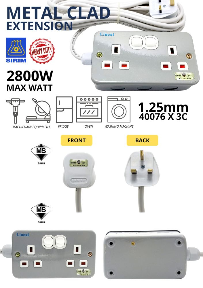 [3M /5M /10M] 2WAY x 13amp Metal Clad Heavy Duty Portable Socket ...