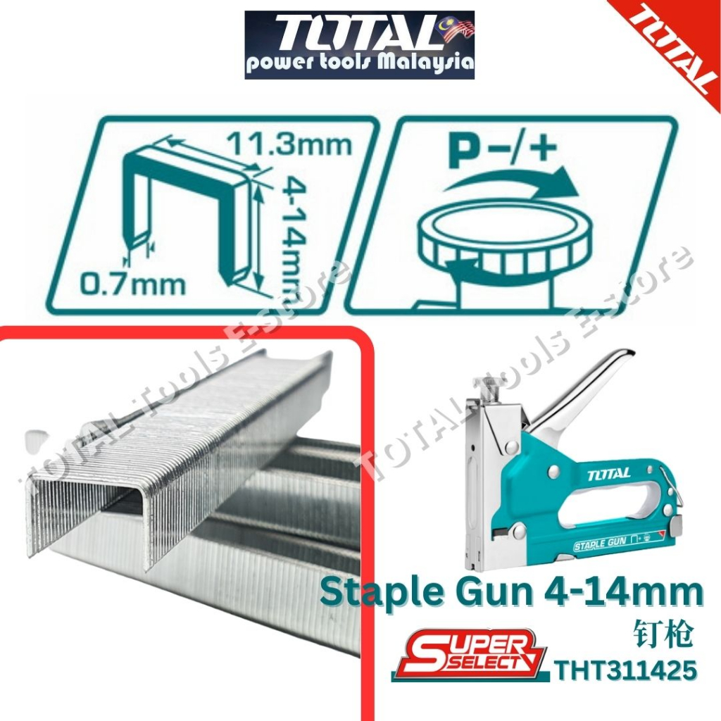 TOTAL Staple Gun ( Adjustable Driving Force ) D-Type Staples : 11.3mm ...