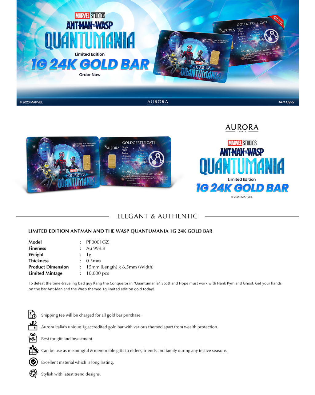 MARVEL X AURORA ITALIA (1g) 999.9 Ant-Man and the Wasp: Quantumania Limited Edition Gold Bar ...