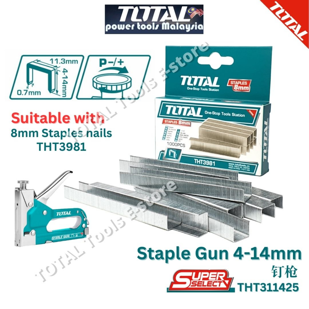 TOTAL Staple Gun ( Adjustable Driving Force ) D-Type Staples : 11.3mm ...