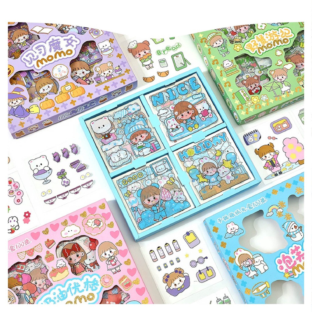 100 Pcs/Box Cute Girl Cartoon Stickers Tape Set No Repeating Pattern ...