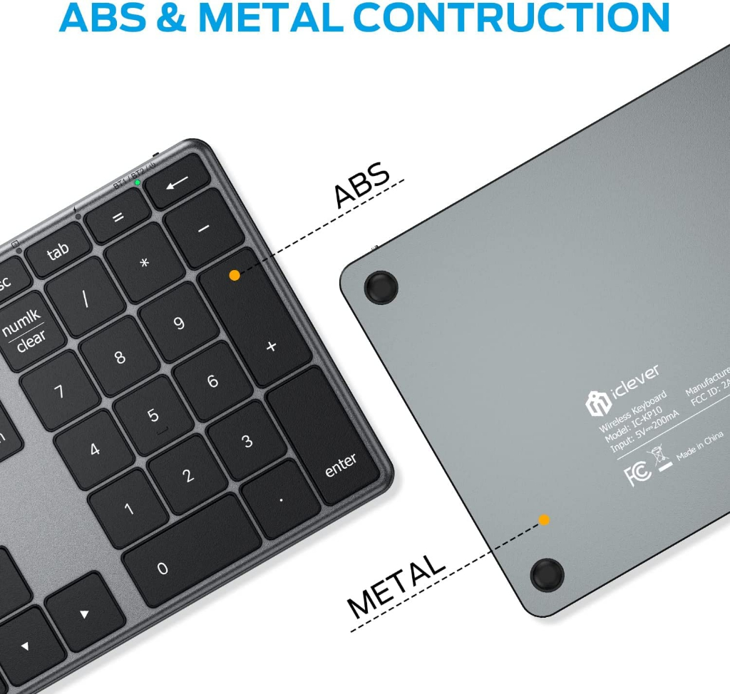 iClever KP10 Bluetooth Number Pad, Multi-Devices Wireless Number Pad, USB-C Rechargeable ...