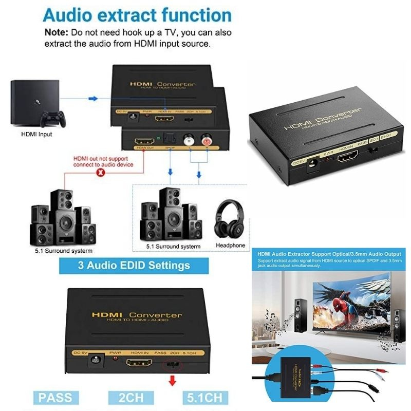 HDMI Splitter Audio Extractor Splitter 1080P HDMI to HDMI Audio ...