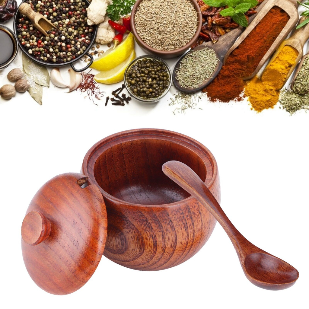 (B5) Natural Wooden Salt Cellar Box Solid Spice Jar Sugar Bowl Pepper Seasoning Box Japanese ...