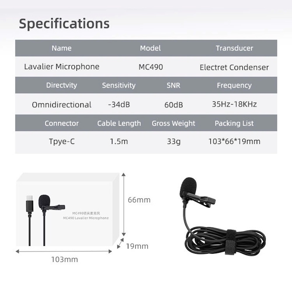 SUNNYLIFE MC490 Lavalier Microphone Lav Mic Live Vlog Video Recording ...