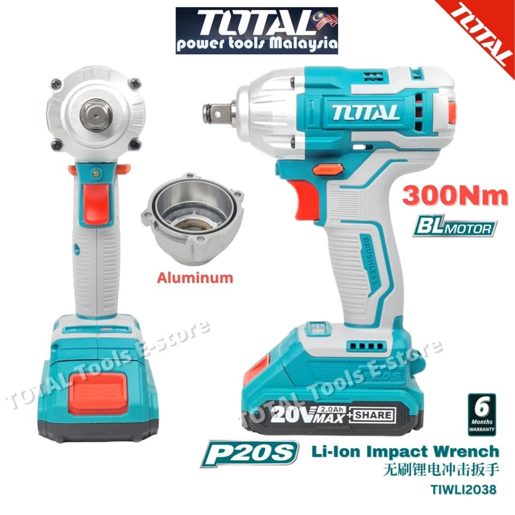 TOTAL Li-ion Impact Wrench (300-850Nm) Brushless Motor + Battery (2 Pc ...