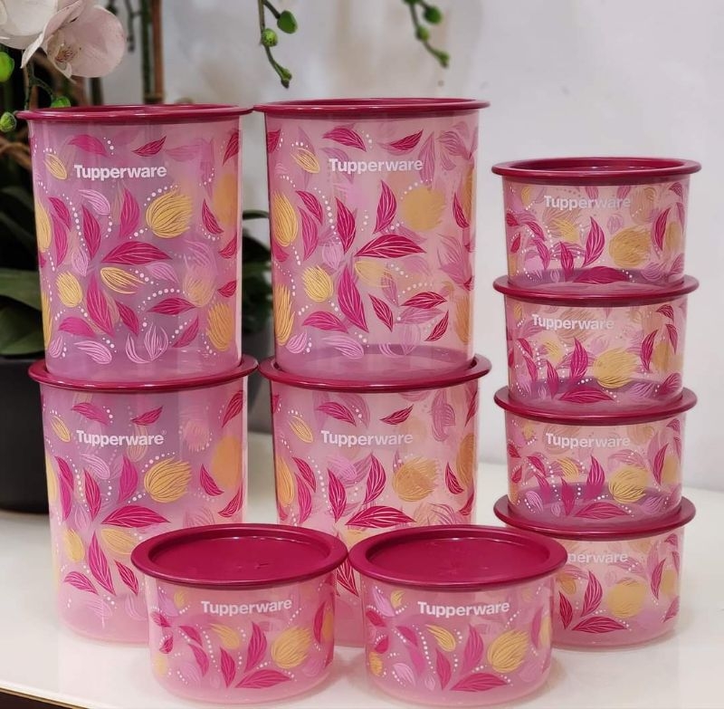 Tupperware 6pcs Royal Red Rose One Touch Canister/Spinning Tray/ Tupperware Petalz One Touch ...