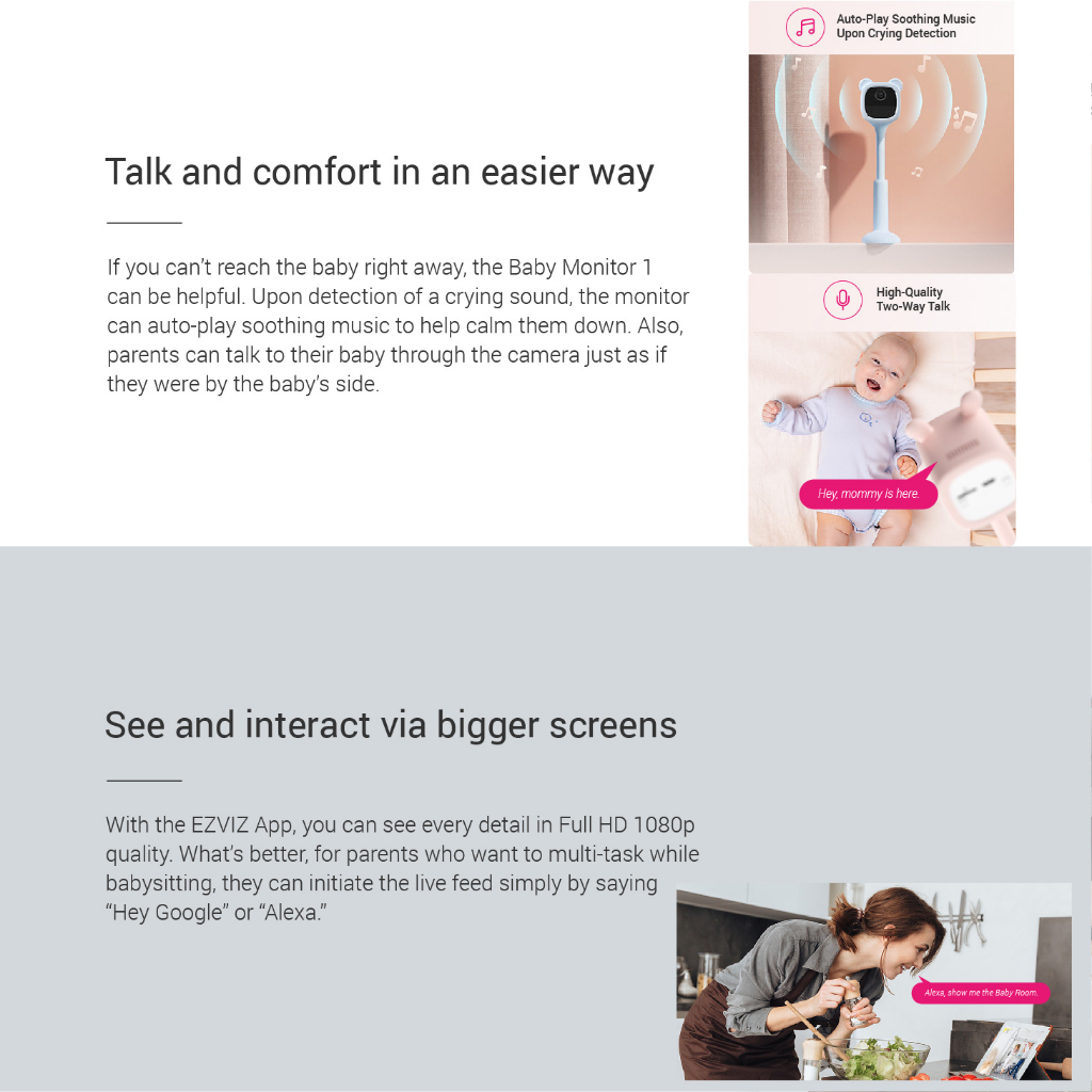 EZVIZ BM1 Smart Baby Monitor Camera Battery Powered with Bed Clip Full ...