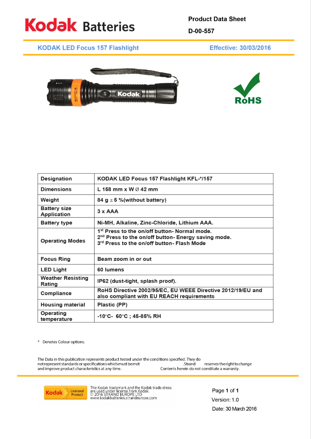 KODAK LED Flashlight Focus 157 with 3 Flash Light & Variable Zoom ...