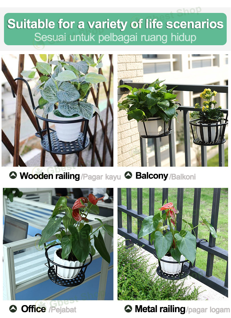 Outdoor Balcony Iron Flower Pot Rack Wall Hanging Planter Stand Plant ...
