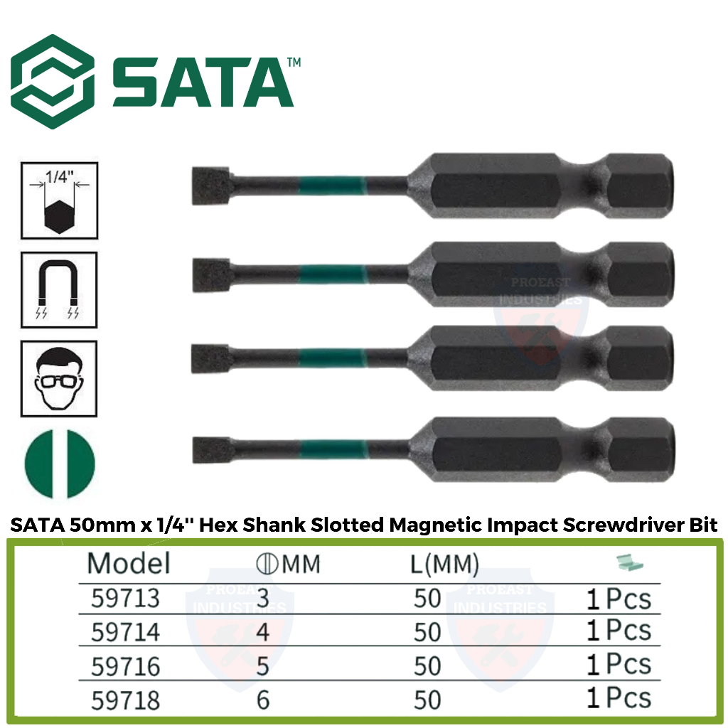 SATA 50mm x 1/4'' Hex Shank Slotted Magnetic Impact Screwdriver Bit ...
