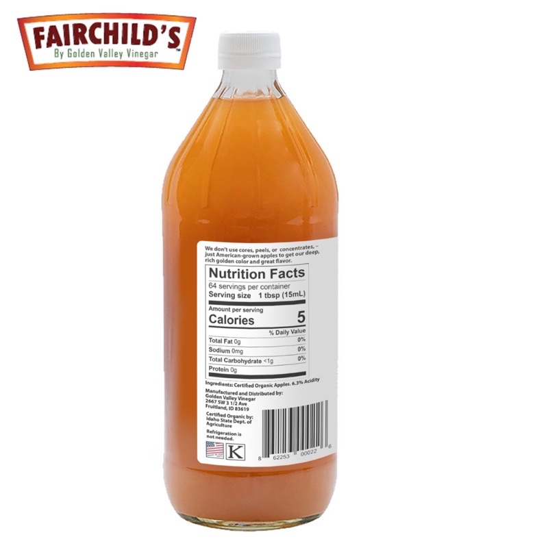 Fairchild's Organic Apple Cider Vinegar (946ml) 32oz 有机苹果醋 no added ...