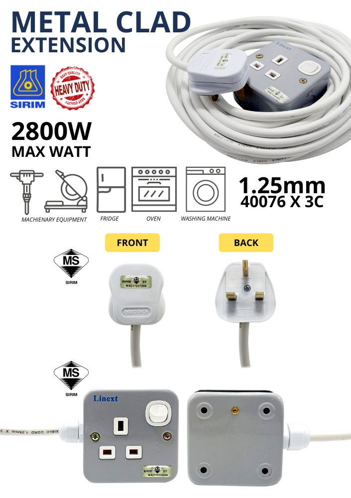 [3M/ 5M /10M] 1WAY x 13amp Metal Clad Heavy Duty Portable Socket Extension Trailing Socket Metal ...
