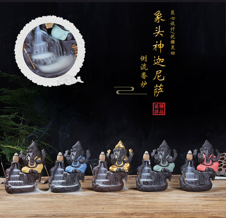 💝品香馆💝 Ganesha Backflow Incense Burner Ceramic Elephant Waterfall ...