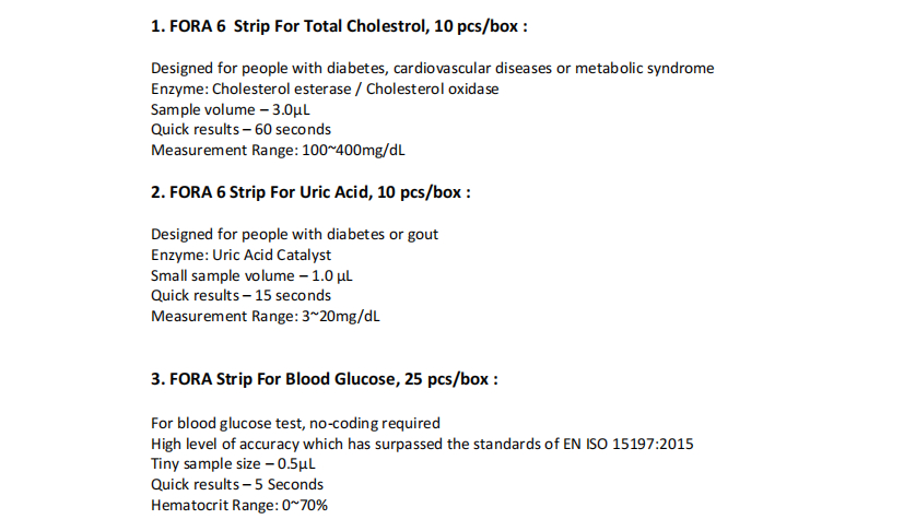 FORA 6 Gold Test Strip ( Cholesterol Test Strips + Uric Acid Test Strip ...