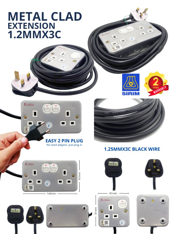 [SIRIM] 13AMP HEAVY DUTY Single / Double Metal Clad Trailing Extension Socket Flexible Cable ...