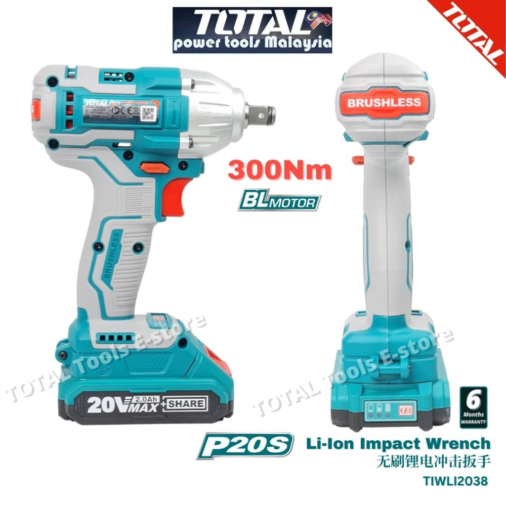TOTAL Li-ion Impact Wrench (300-850Nm) Brushless Motor + Battery (2 Pc ...