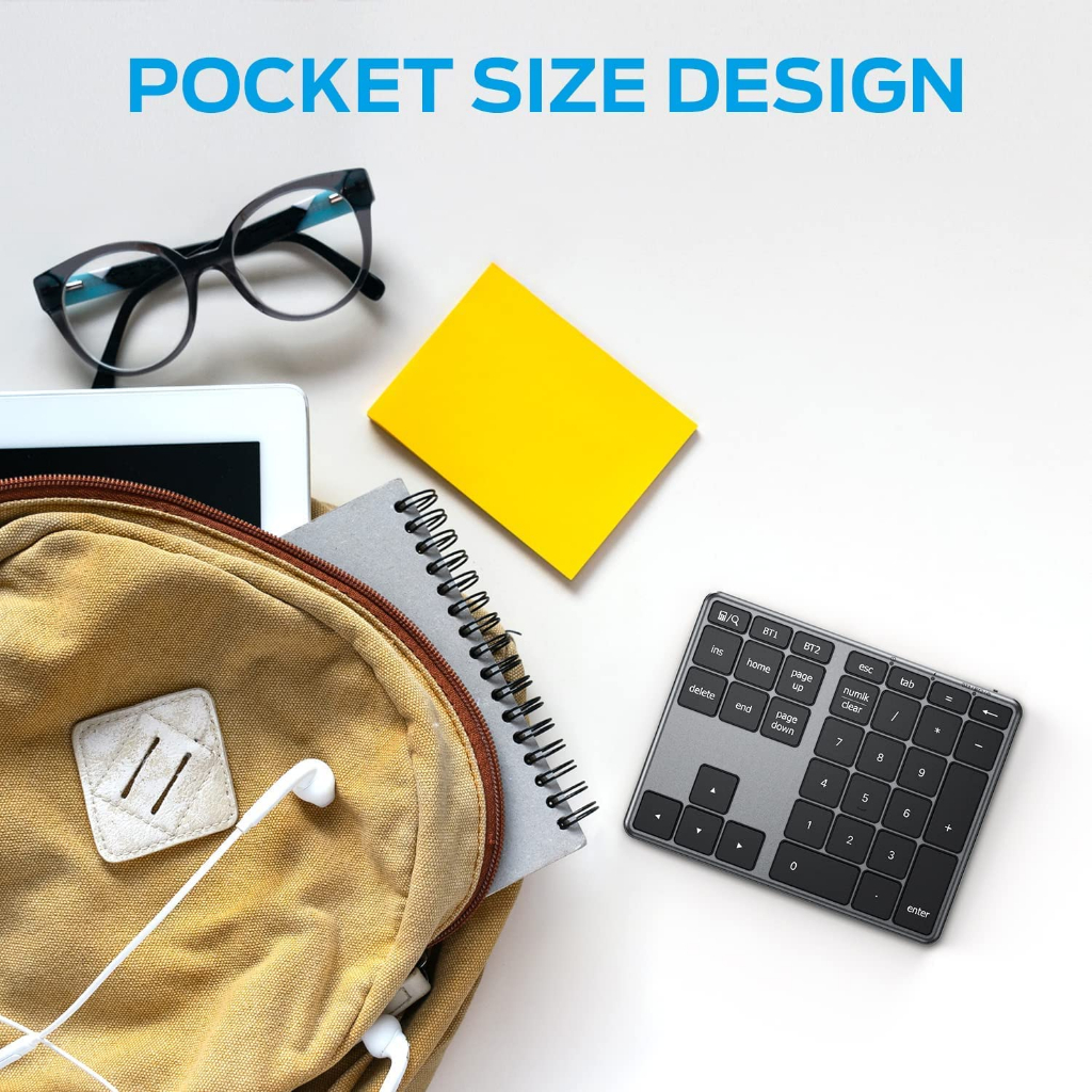 iClever KP10 Bluetooth Number Pad, Multi-Devices Wireless Number Pad, USB-C Rechargeable ...