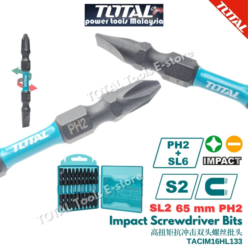 TOTAL Impact screwdriver bits / Power bits ( PH2 + SL6.0 - ) 65mm ...