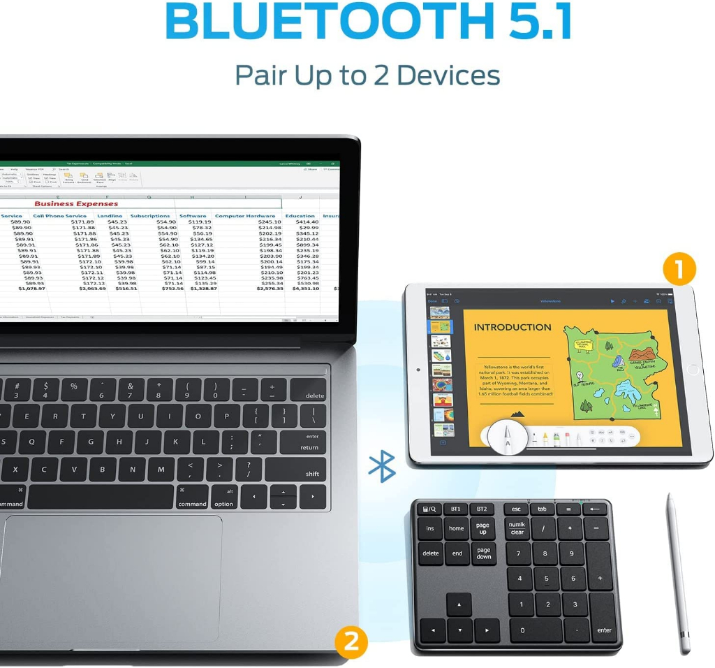 iClever KP10 Bluetooth Number Pad, Multi-Devices Wireless Number Pad, USB-C Rechargeable ...