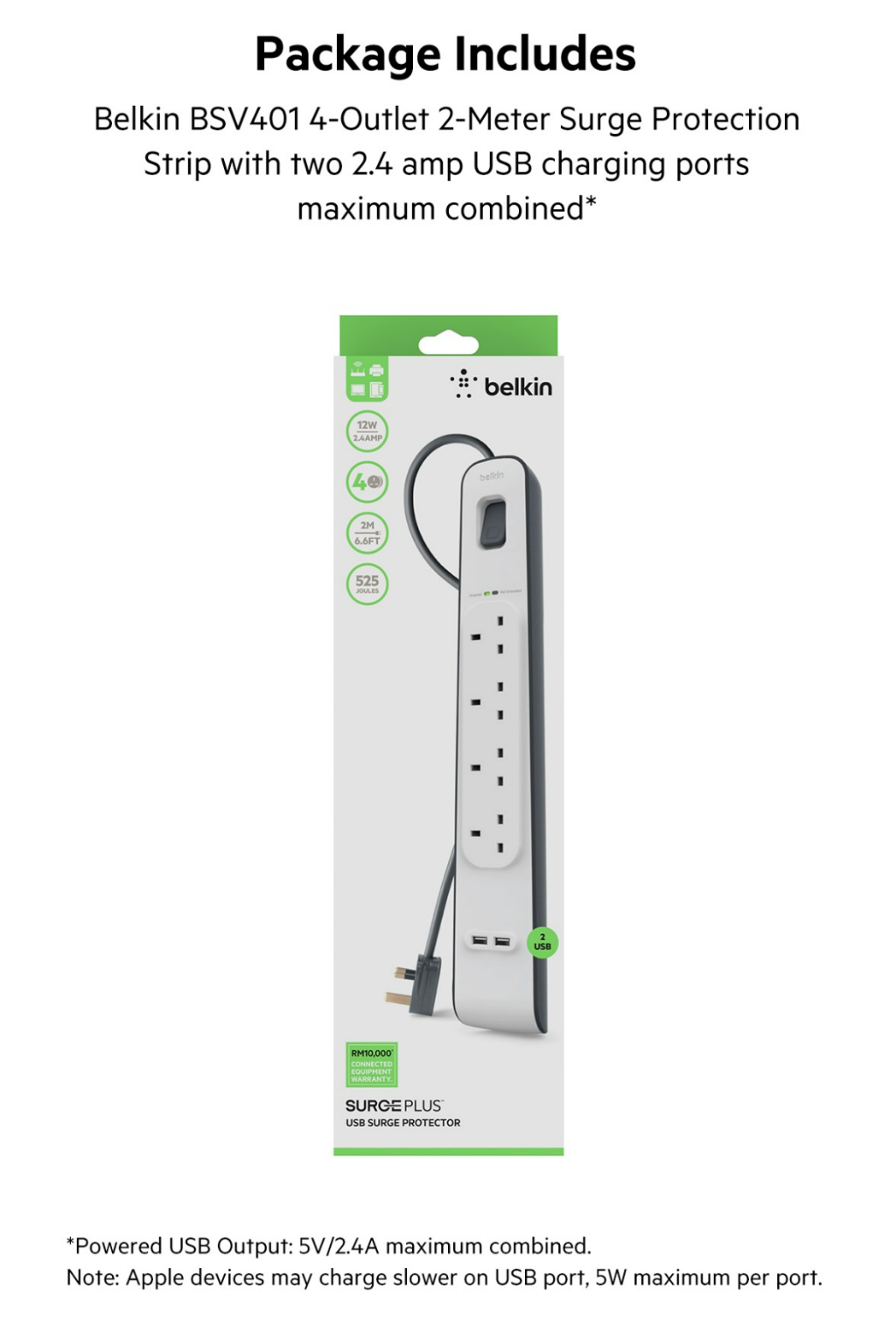 Belkin BSV401sa2M 4 Outlets 2M Surge Protection Strip with 2 USB Ports ...