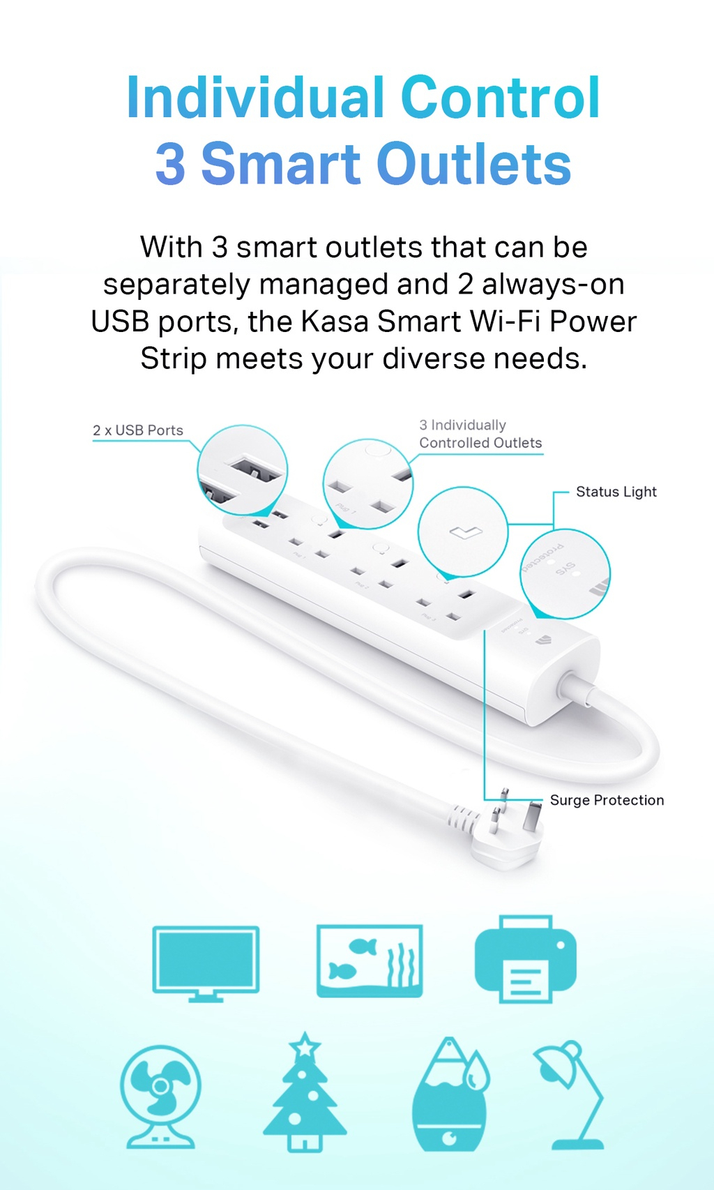TP-Link KP303 3 Outlets Wifi Smart Strip Power Extension Plug Sockets ...