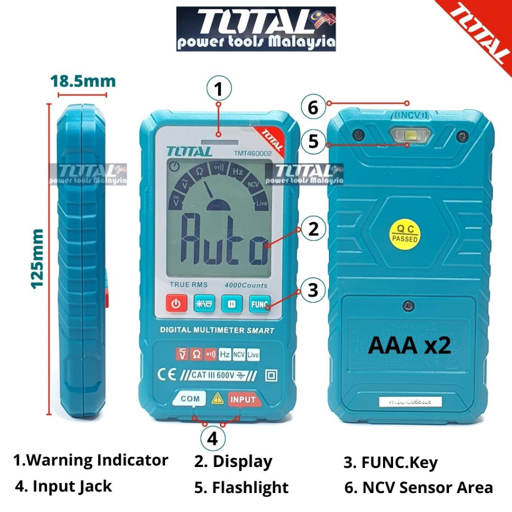 TOTAL Smart (AUTO) Measurement Digital Multimeter CAT III 600V 4000 ...