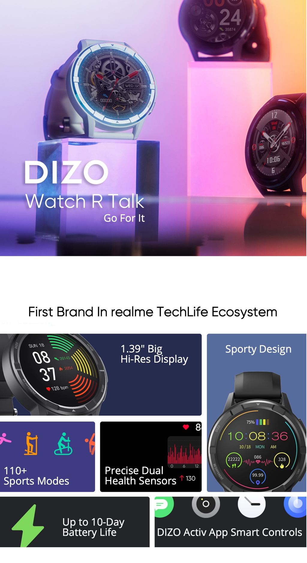 realme DIZO Watch R Talk Go DW21311 AMOLED Screen 5ATM Waterproof Fitness Tracker Sport Smart ...
