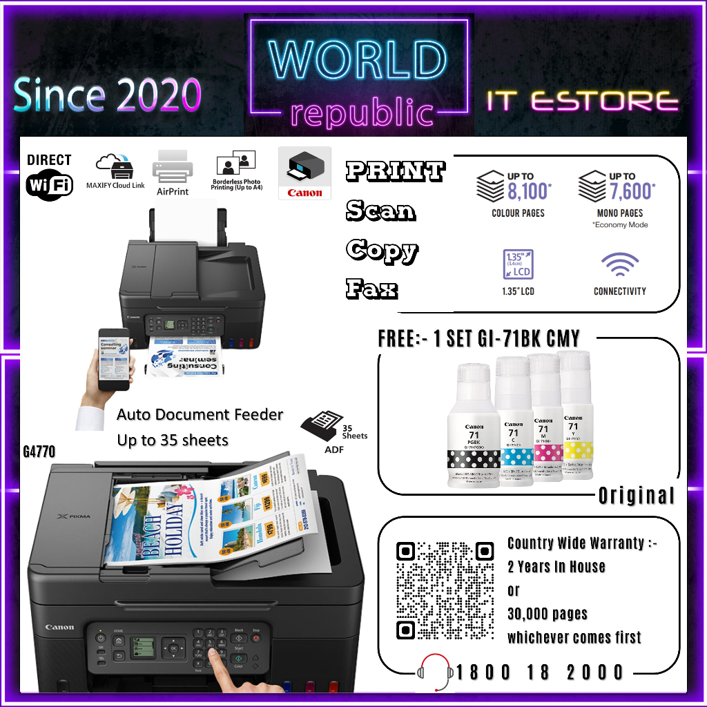 CANON PIXMA G4770 WIRELESS ALL IN ONE REFILLABLE INK TANK PRINTER ...