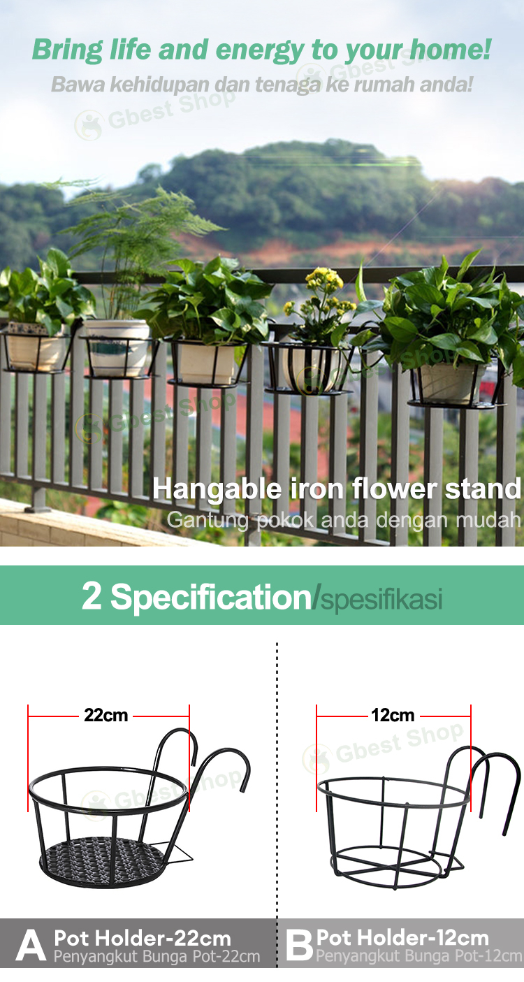 Outdoor Balcony Iron Flower Pot Rack Wall Hanging Planter Stand Plant ...