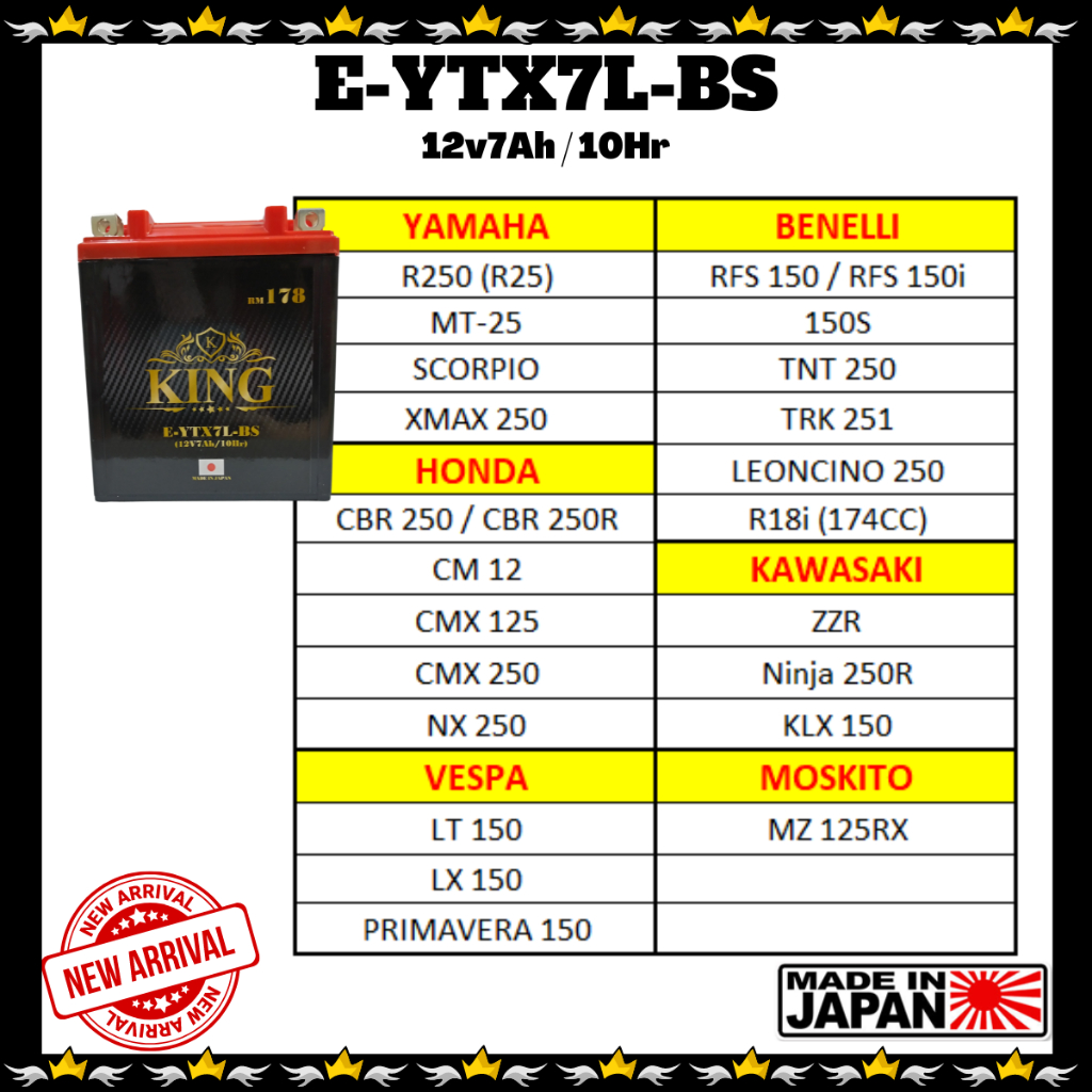 [READY STOCK] KING Motorcycle Battery MF Bateri Motorsikal KING E-YTX7L-BS YTX7L BENELLI RFS 150 ...